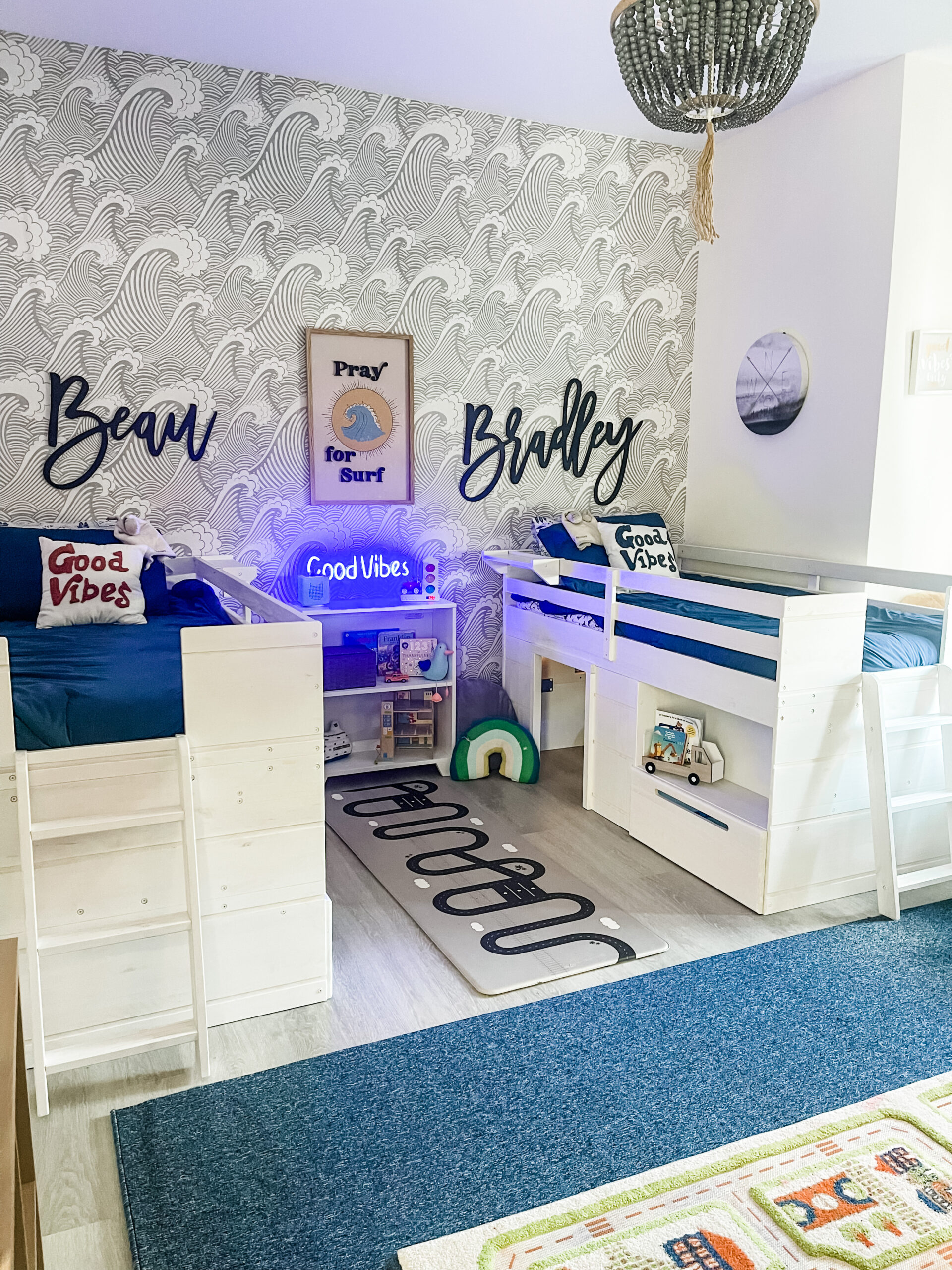 Twin Boy's Shared Sibling Coastal Surfer Bedroom