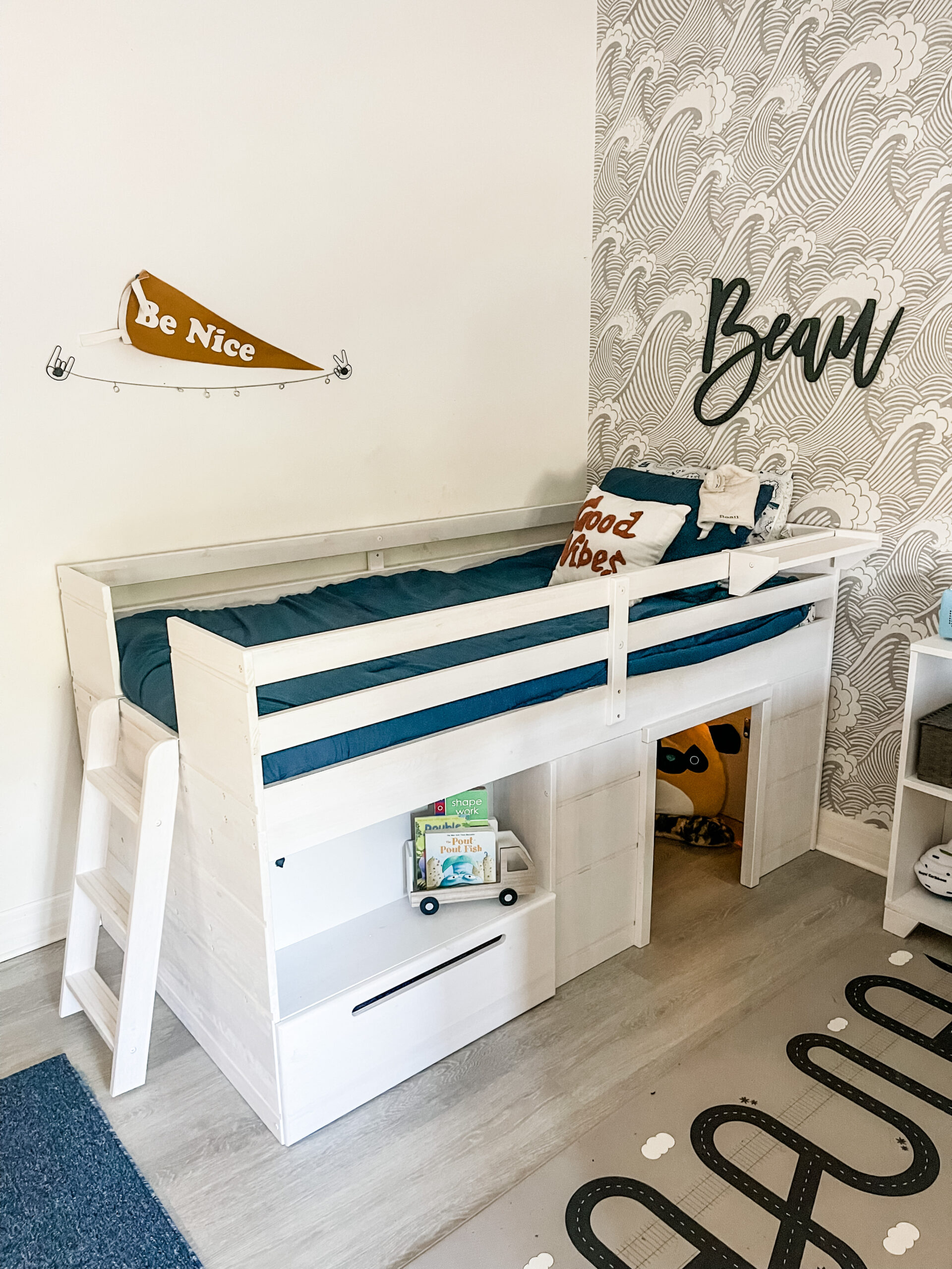 Twin Boy's Shared Sibling Coastal Surfer Bedroom